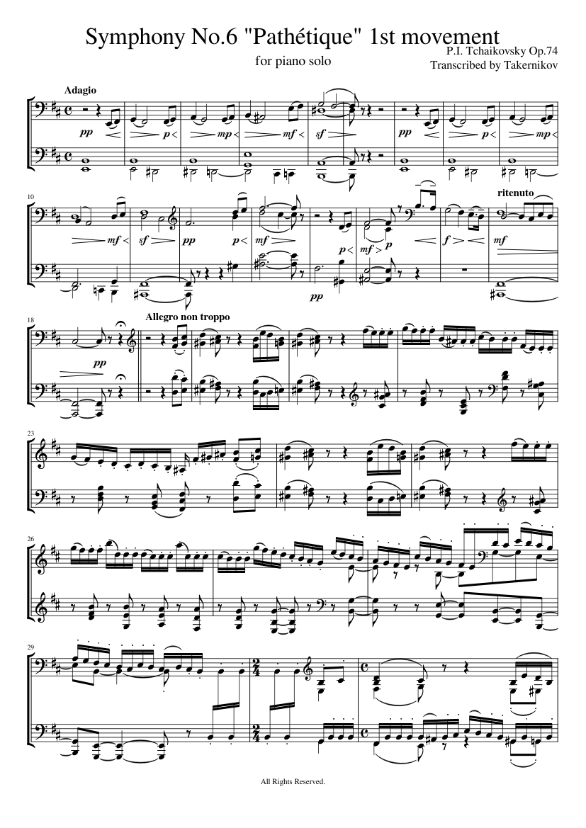 Symphony No6 “Pathétique” 1st movement for piano solo Sheet Music for ...