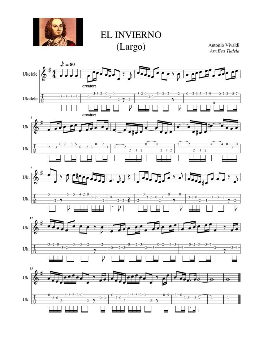 The Four Seasons - Winter – Antonio Vivaldi el INVIERNO UKELELE Sheet ...
