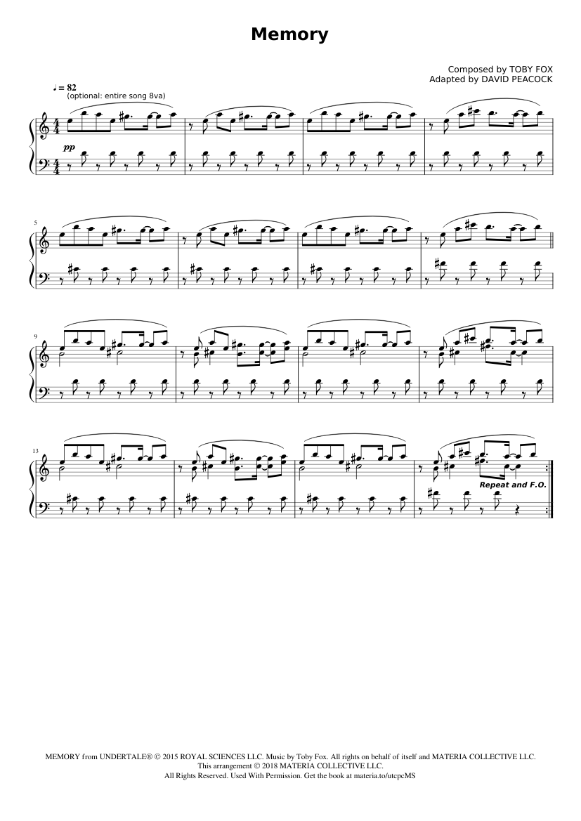 Memory (UNDERTALE Complete Piano Sheet Music) Sheet Music for Piano ...