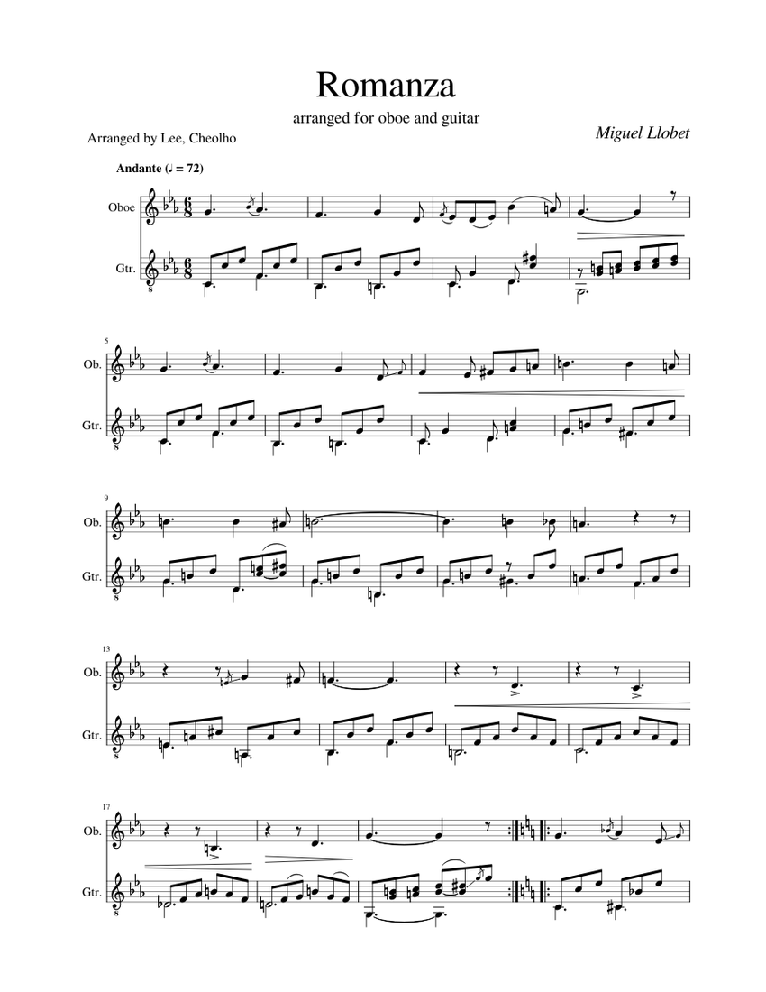 Romanza for oboe and guitar Sheet music for Oboe, Guitar (Mixed Duet ...