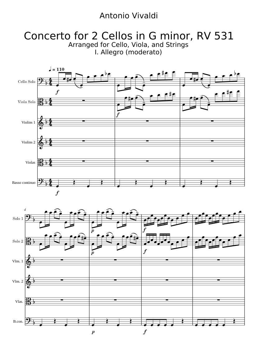 Concerto for Viola and Cello in G minor, RV 531 – Antonio Vivaldi Sheet Music for Violin, Viola ...