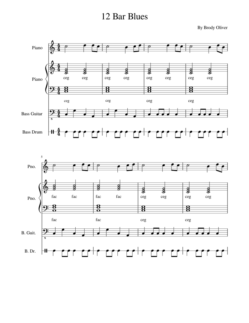 12 bar blues Sheet music for Piano, Bass guitar, Bass drum (Mixed ...