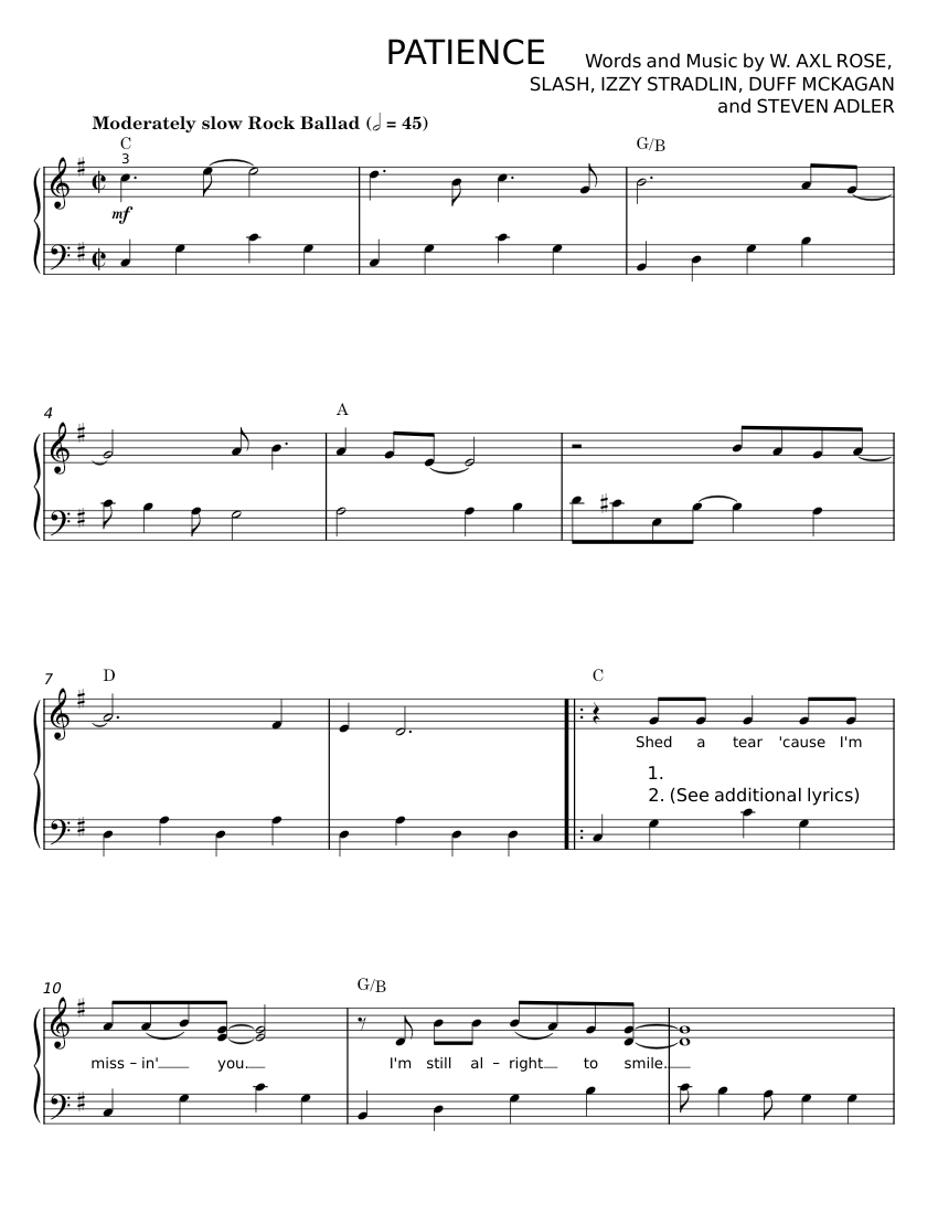 PATIENCE - W. AXL ROSE Sheet music for Piano (Solo) Easy | Musescore.com