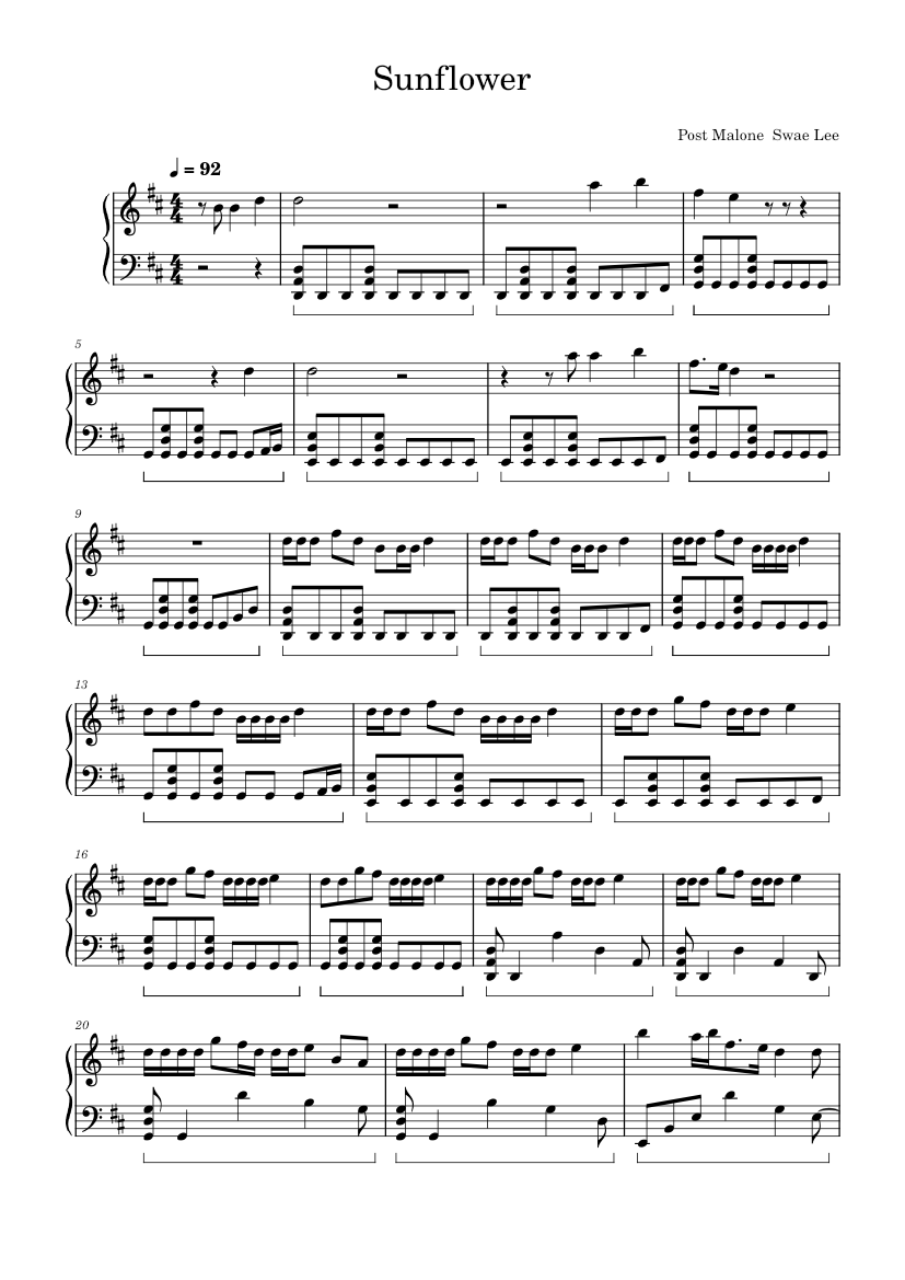 Sunflower – Post Malone Sheet music for Piano (Solo) | Musescore.com