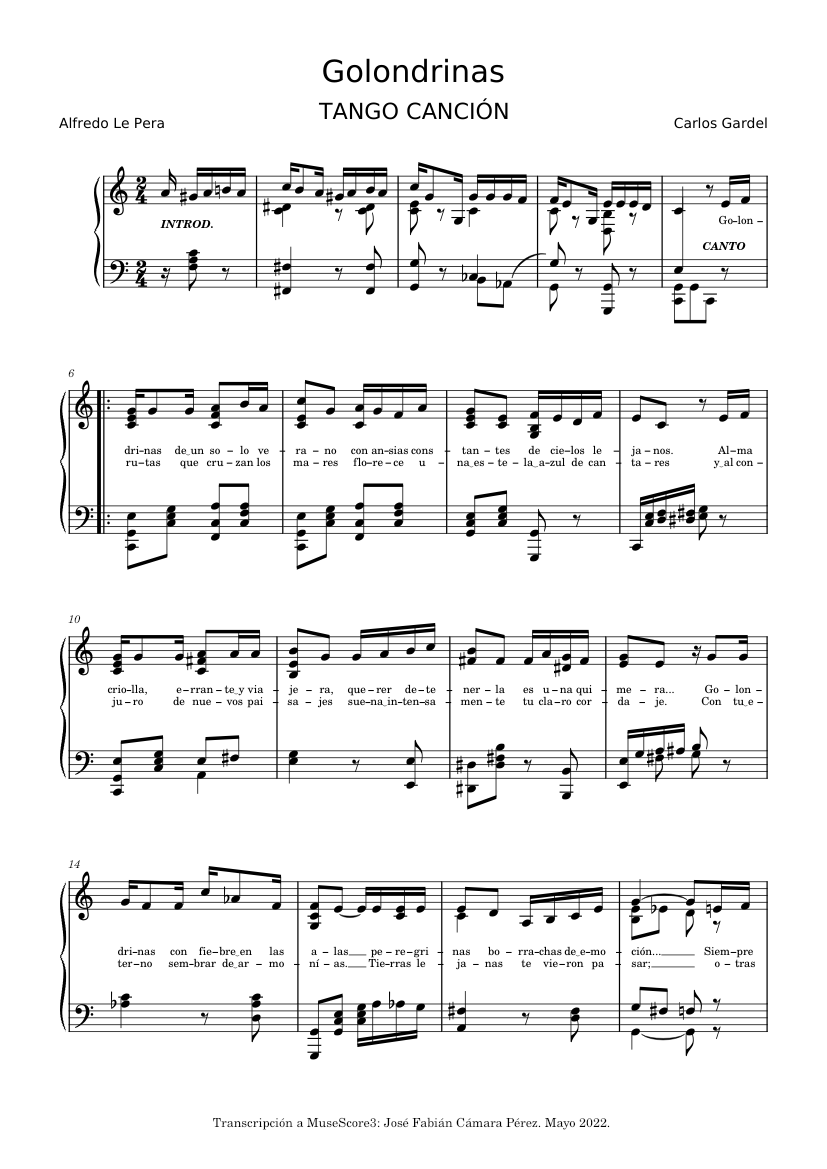 Golondrinas – Carlos Gardel Sheet Music for Piano (Solo) | MuseScore.com