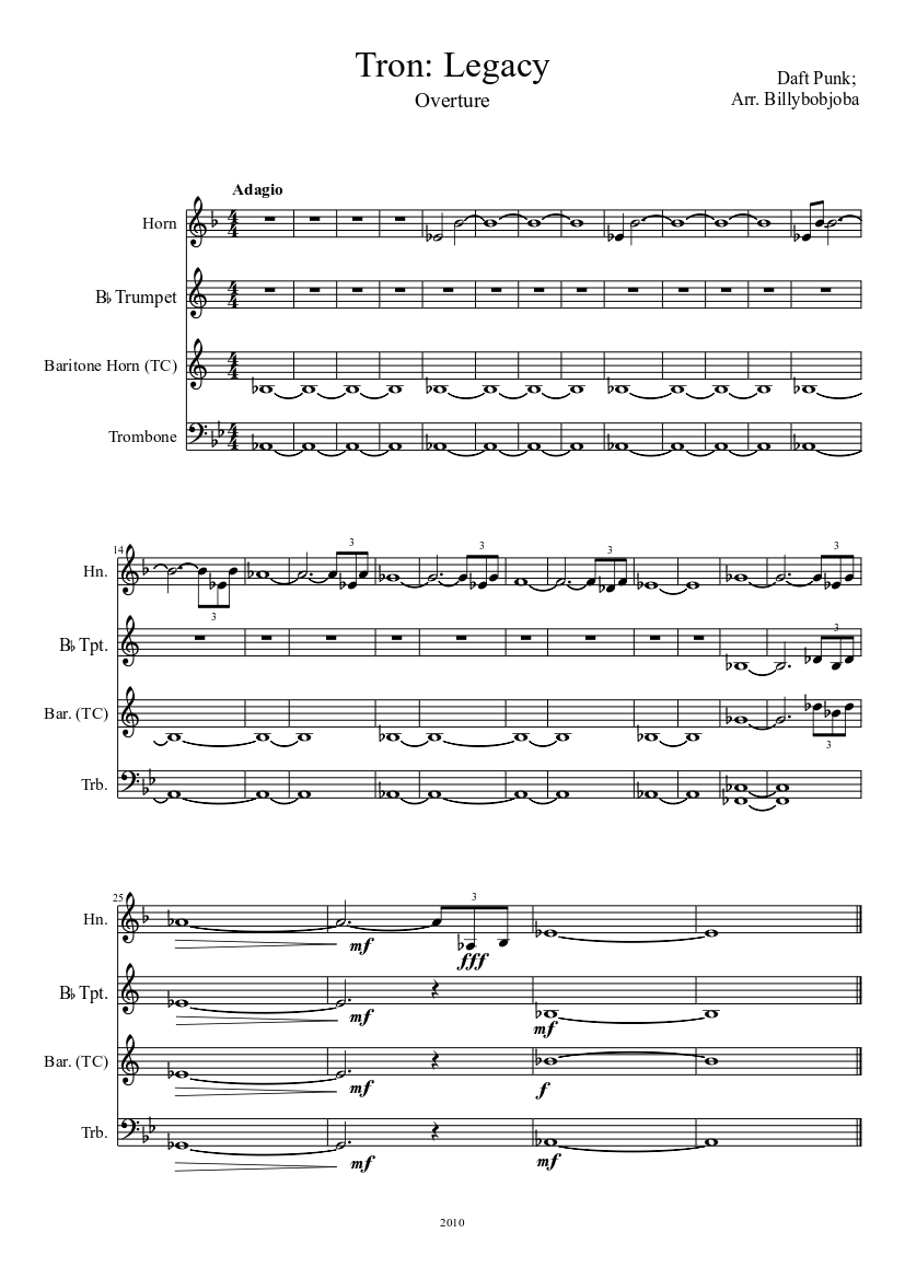 Tron: Legacy - Overture - Quartet Sheet Music for Trombone, Trumpet ...