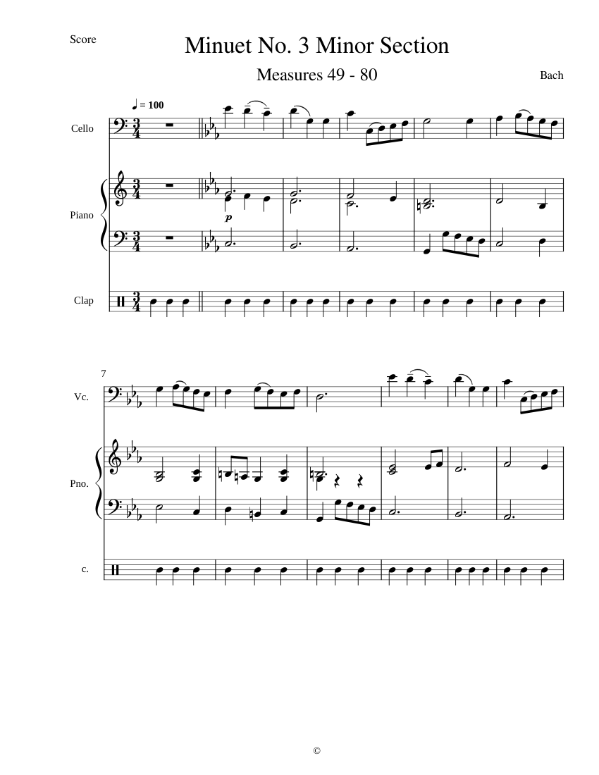 Minuet no.3 – Johann Sebastian Bach Sheet music for Piano, Cello, Hand clap (Mixed Trio ...
