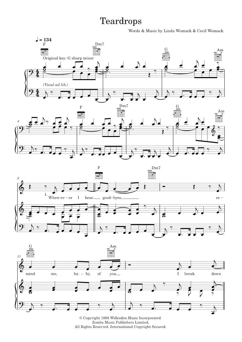 Teardrops Sheet music for Piano, Vocals by Womack & Womack: Music Notes ...