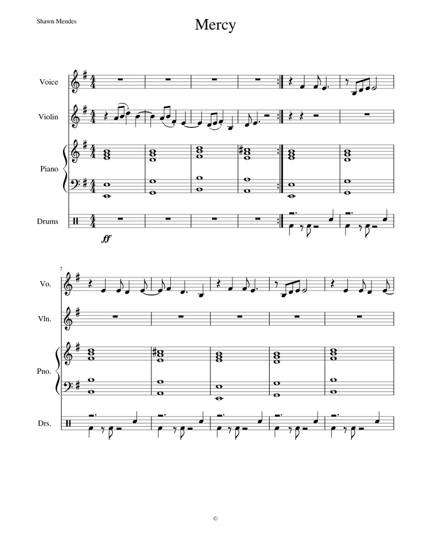 mercy Sheet music for Piano, Violin, Drum group (Mixed Quartet ...
