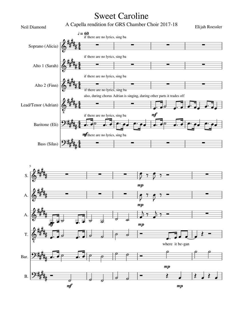 Sweet Caroline Sheet music for Soprano, Alto, Tenor, Bass voice & more ...