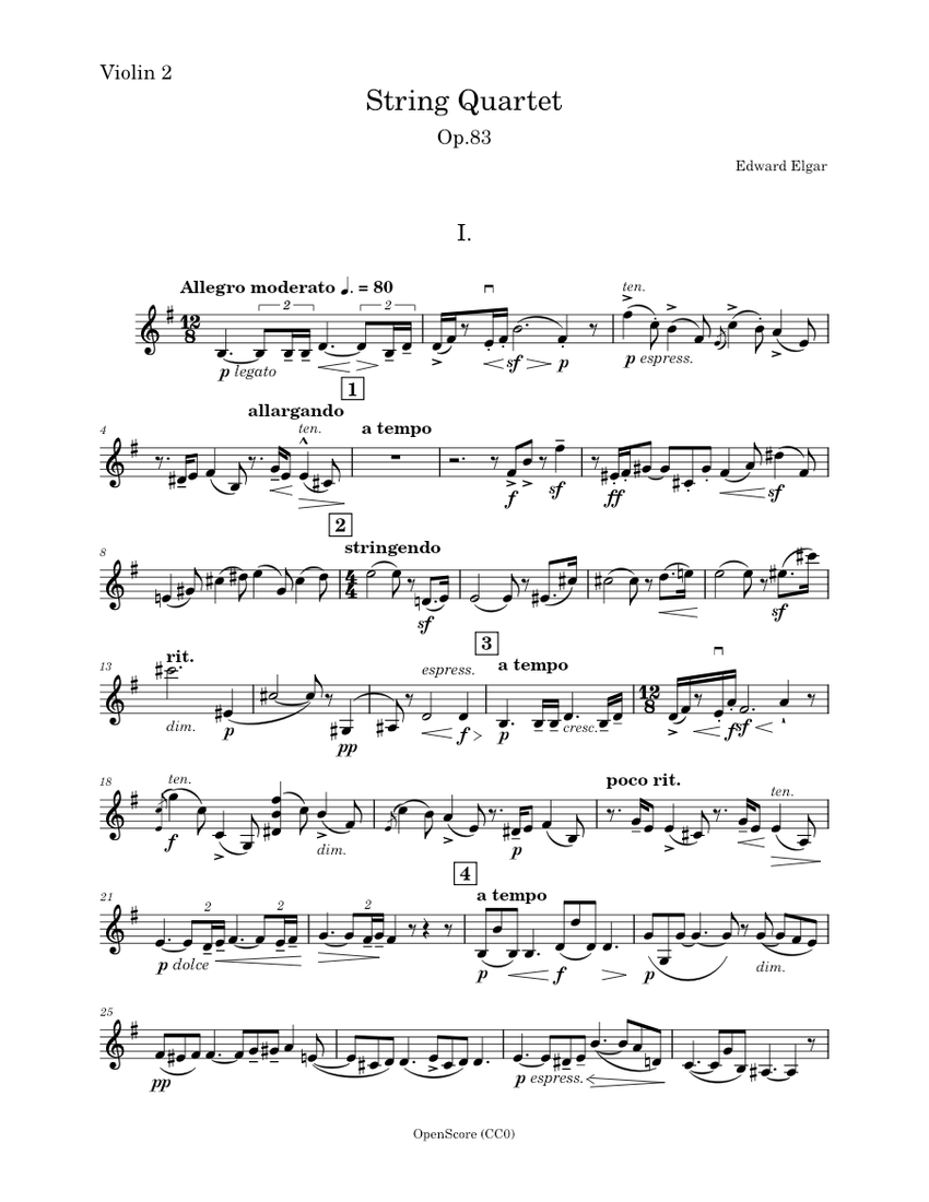 String Quartet, Op.83 – Edward Elgar - Violin 2 PART Sheet music for Violin (String Quartet ...