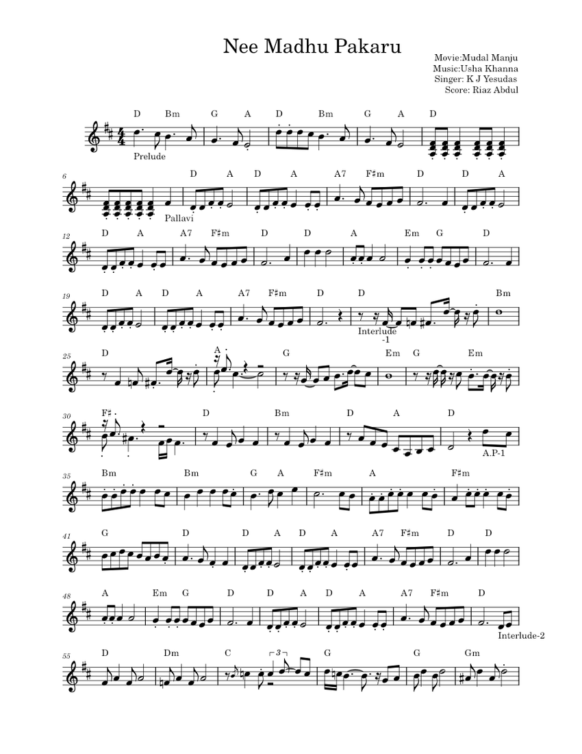 Nee madhu pakaru – Yesudas Nee Madhu Pakaru – K J Yesudas Sheet music ...