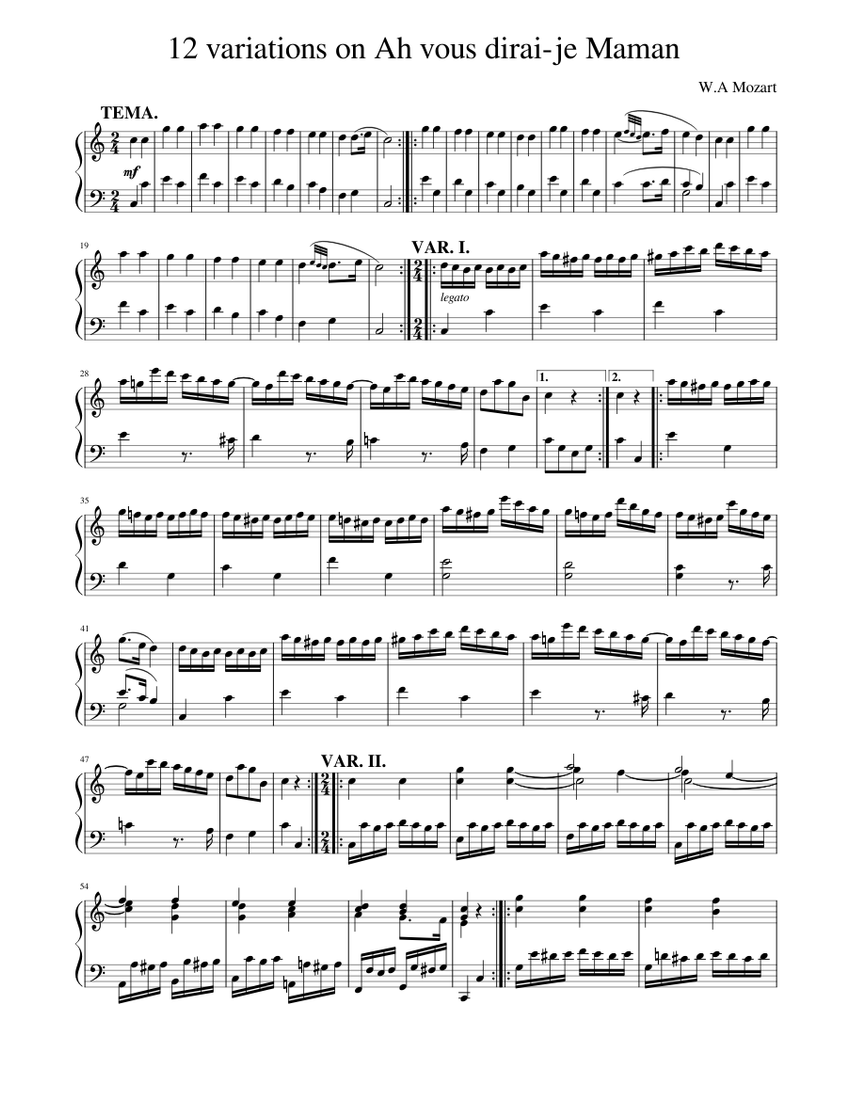 Mozart - 12 variations on Ah vous dirai-je Maman (K.265) Sheet music ...