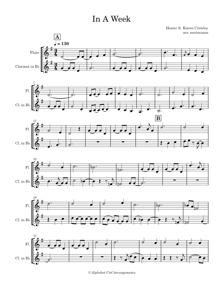 In a week – Hozier Sheet Music for Flute, Clarinet other (Woodwind Duet ...