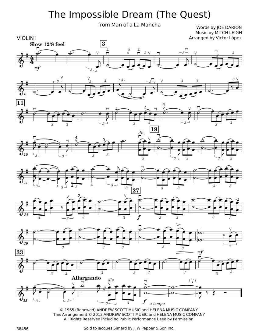 The Impossible Dream – MITCH LEIGH;JOE DARION Sheet music for Violin (Solo) | Musescore.com