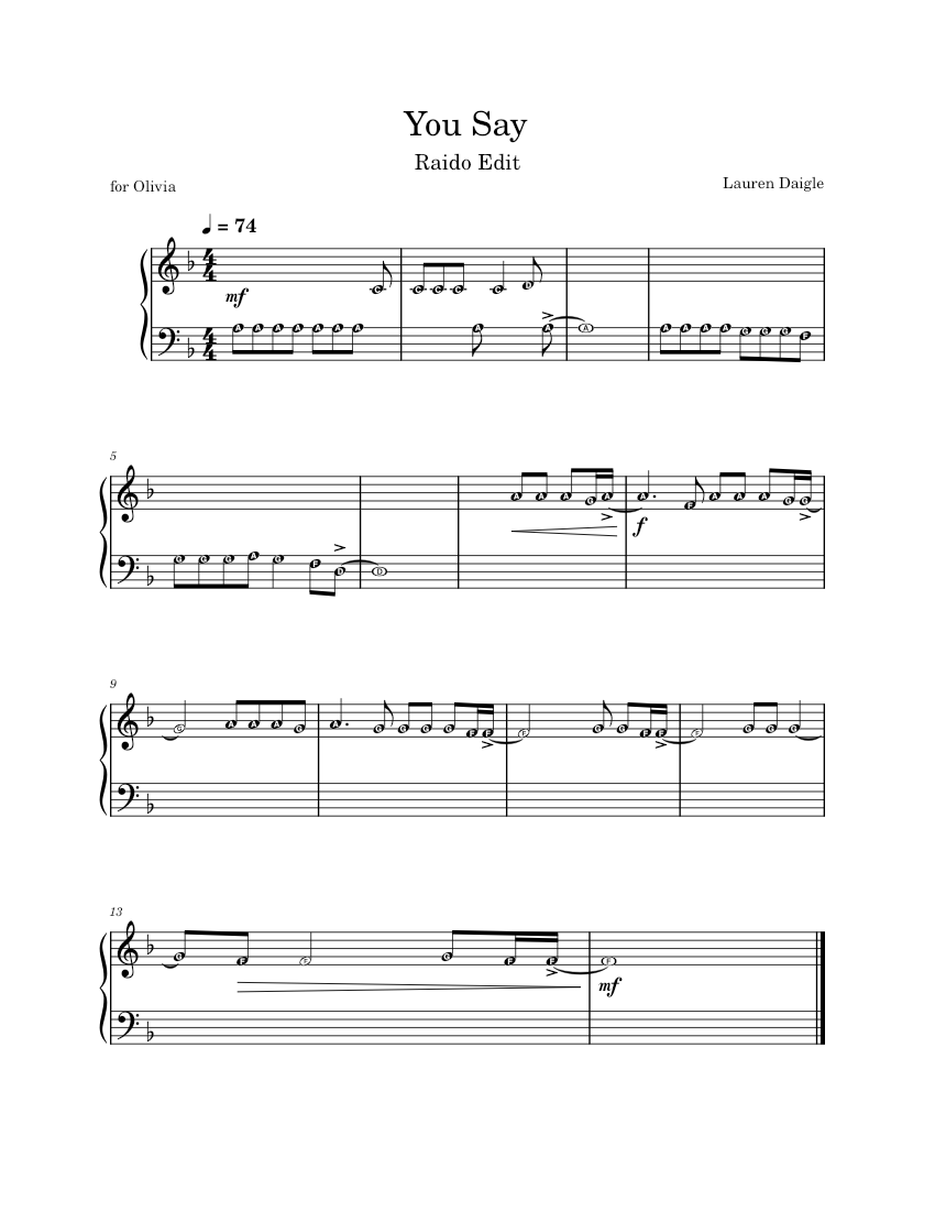 You Say – Lauren Daigle Sheet music for Piano (Solo) Easy | Musescore.com