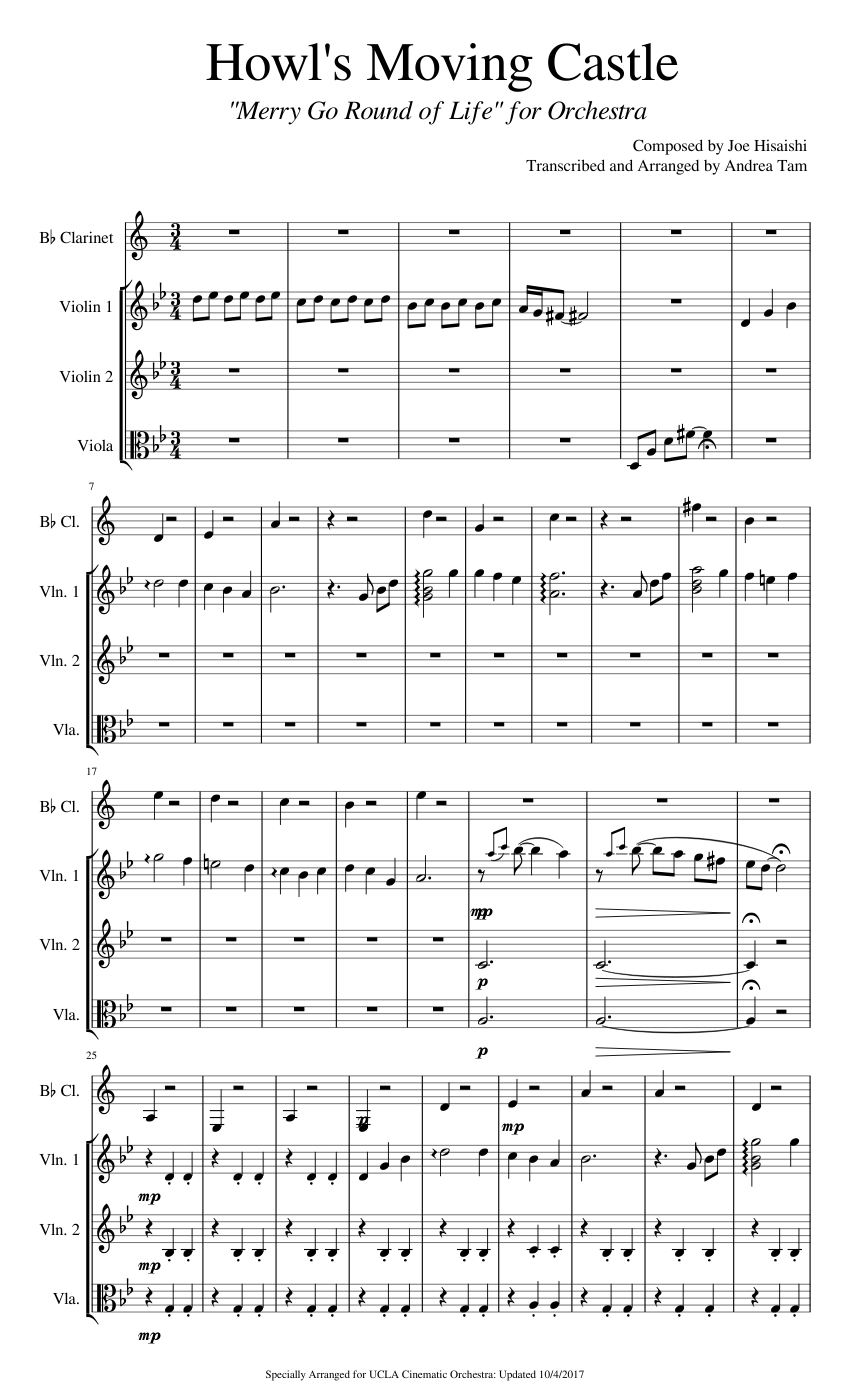 Howl's Moving Castle 편집 Sheet music for Clarinet in b-flat, Violin ...