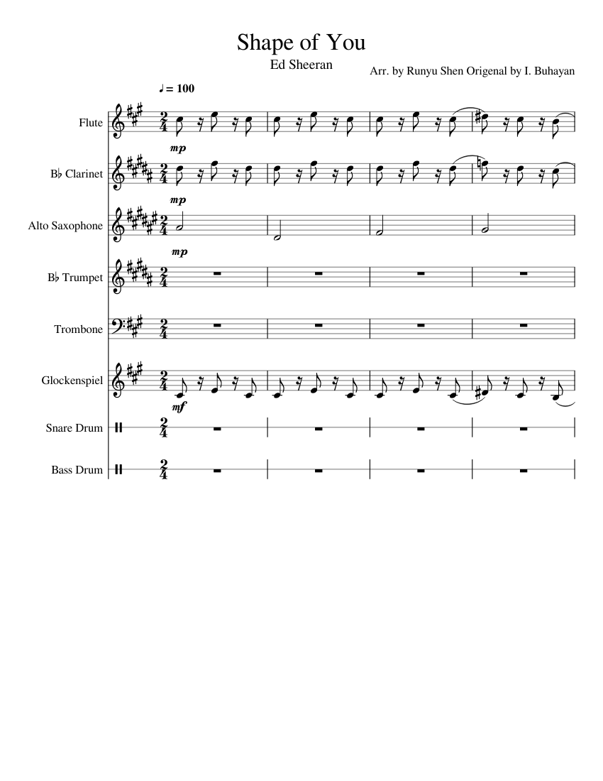 Shape of You Ed Sheeran Marching Band simple Sheet Music for Trombone ...