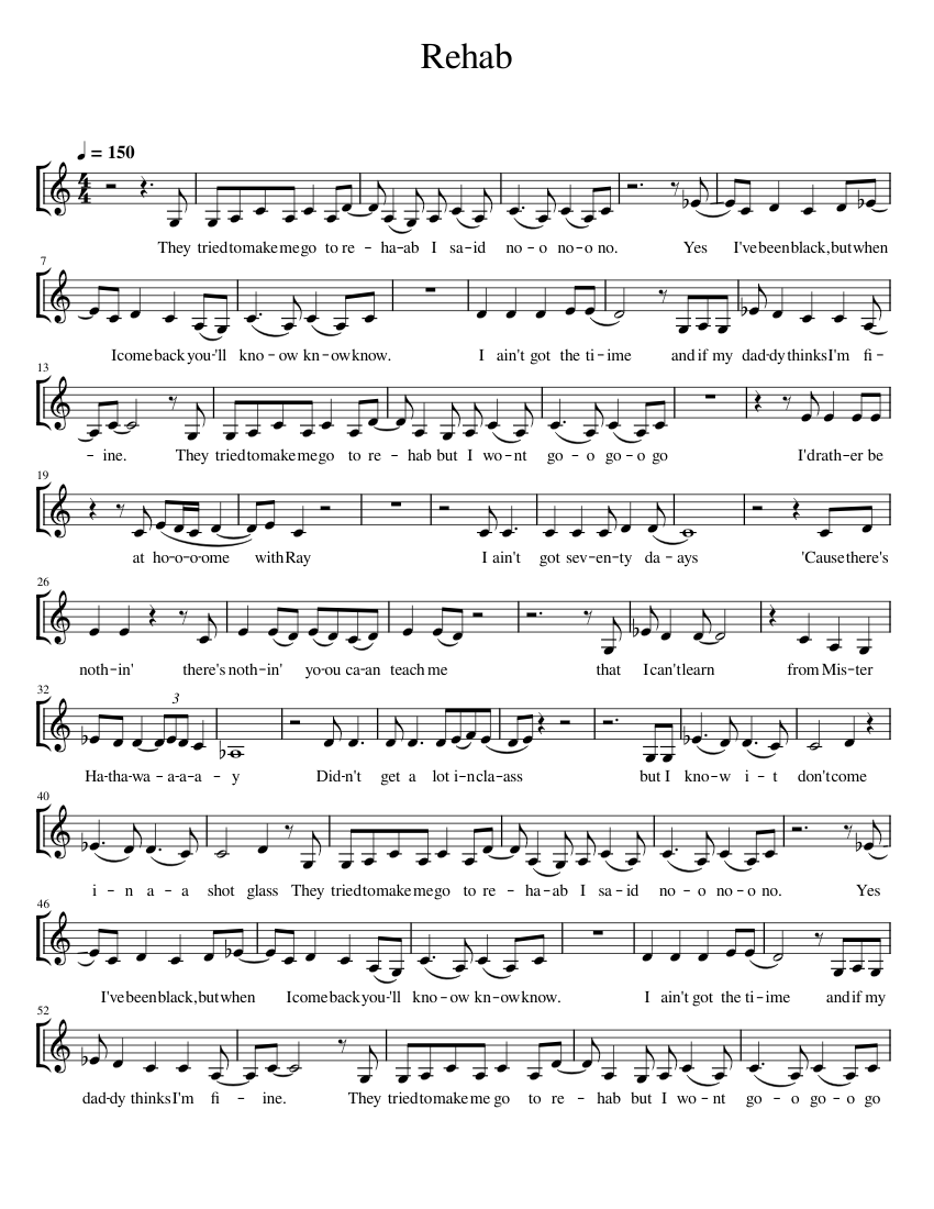 Rehab – Amy Winehouse tune and lyrics Sheet Music for Piano (Solo) easy ...