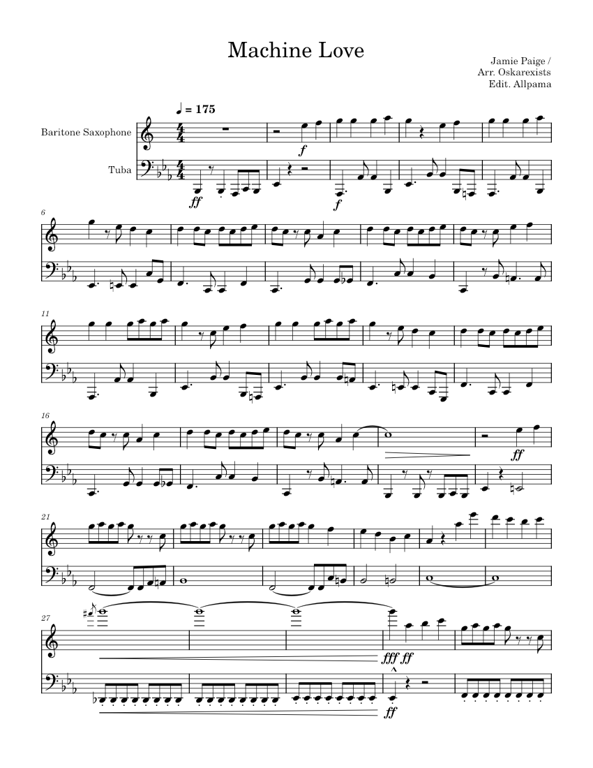 Machine Love – Jamie Paige Sheet Music for Tuba, Saxophone baritone ...