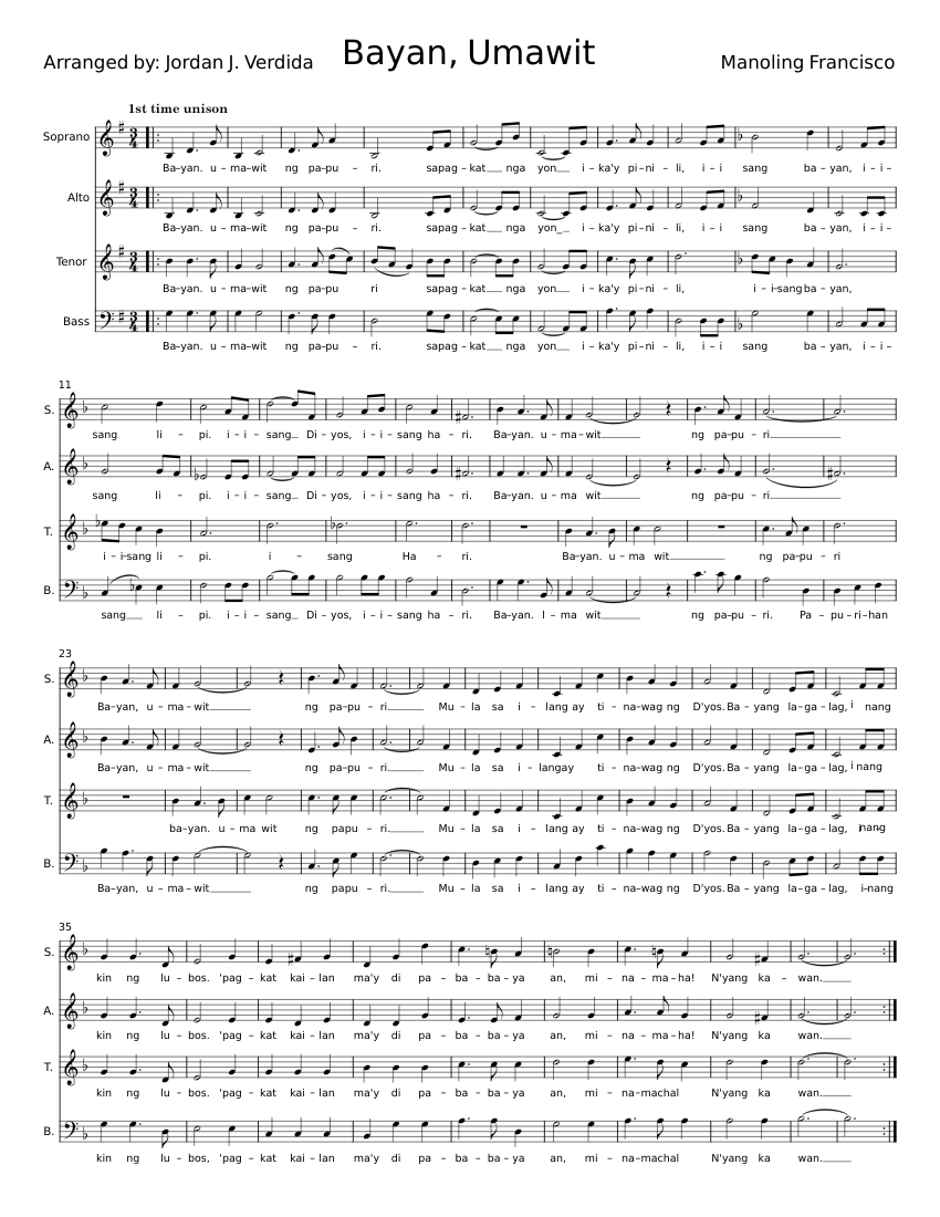 Bayan, Umawit - Manoling Francisco Sheet Music for Bass guitar ...