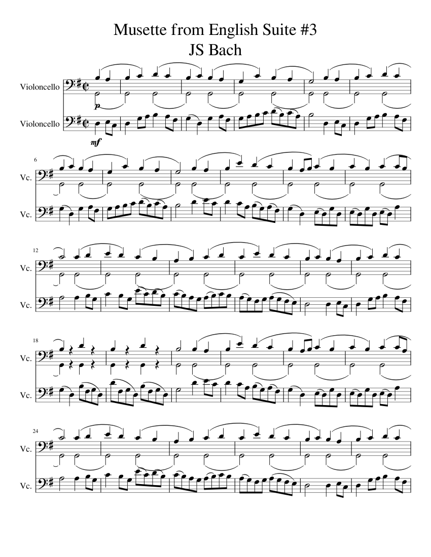 Musette from English Suite #3 JS Bach Sheet music for Cello (String ...