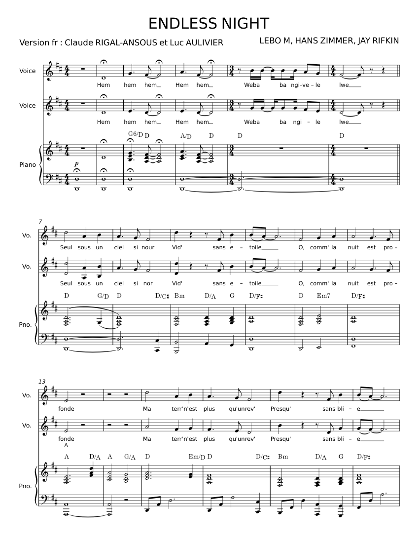 The Lion King - Endless Night - Misc Cartoons Sheet Music with Chords ...