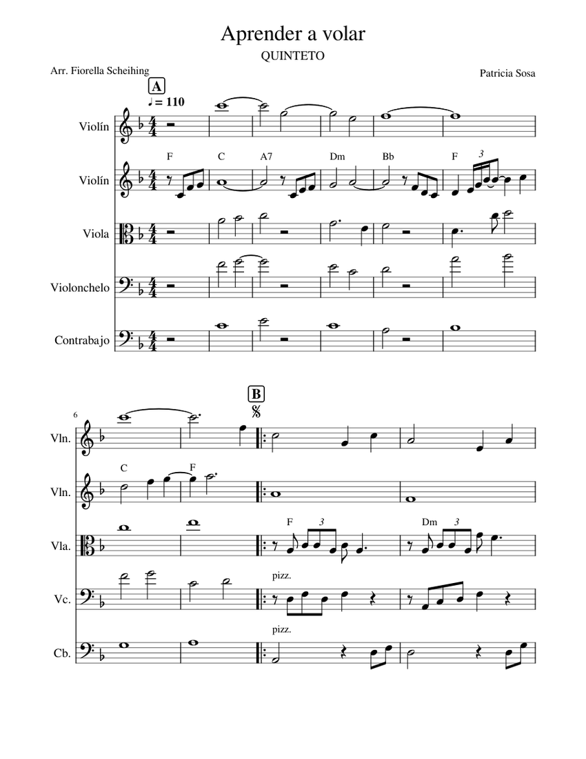 Aprender_a_volar_QUINTETO Sheet music for Contrabass, Violin, Viola, Cello (String Quintet ...