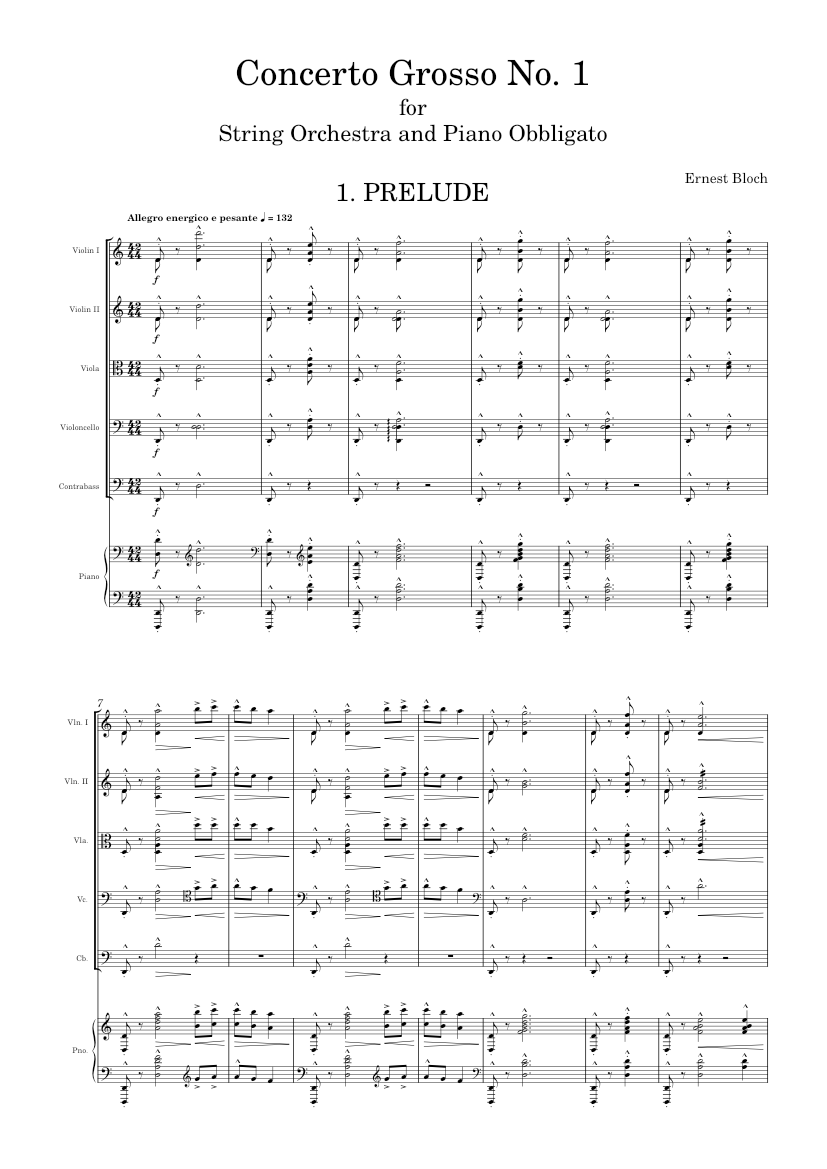 Concerto Grosso No. 1 - Ernest Bloch Sheet Music for Piano, Violin, Viola, Strings group & more ...