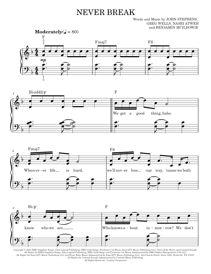 Play Official version of Never Break sheet music by John Legend for ...