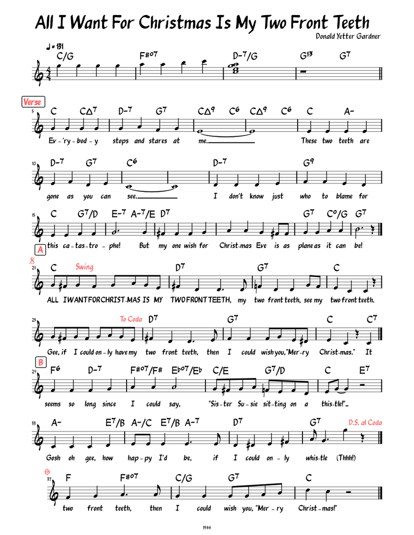 All I Want For Christmas Is My Two Front Teeth (Lead sheet with verse ...