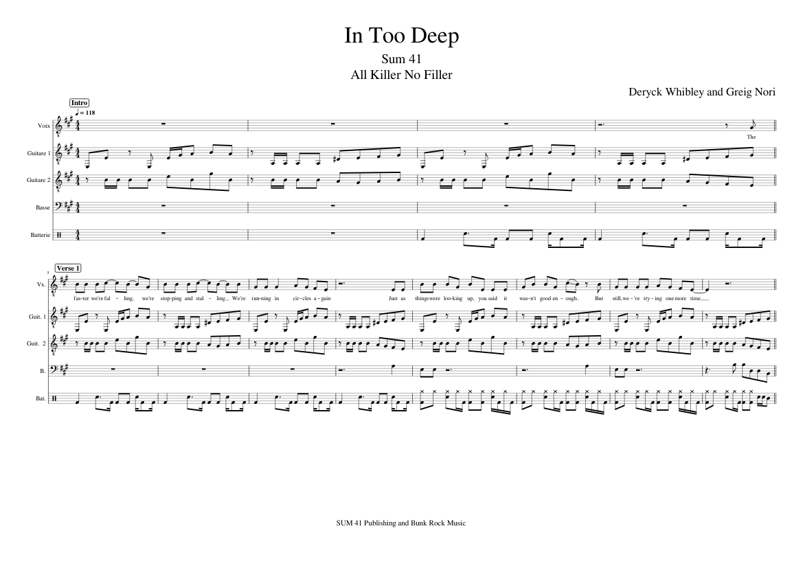 In Too Deep - Sum 41 Sheet Music for Vocals, Guitar, Bass guitar, Drum ...