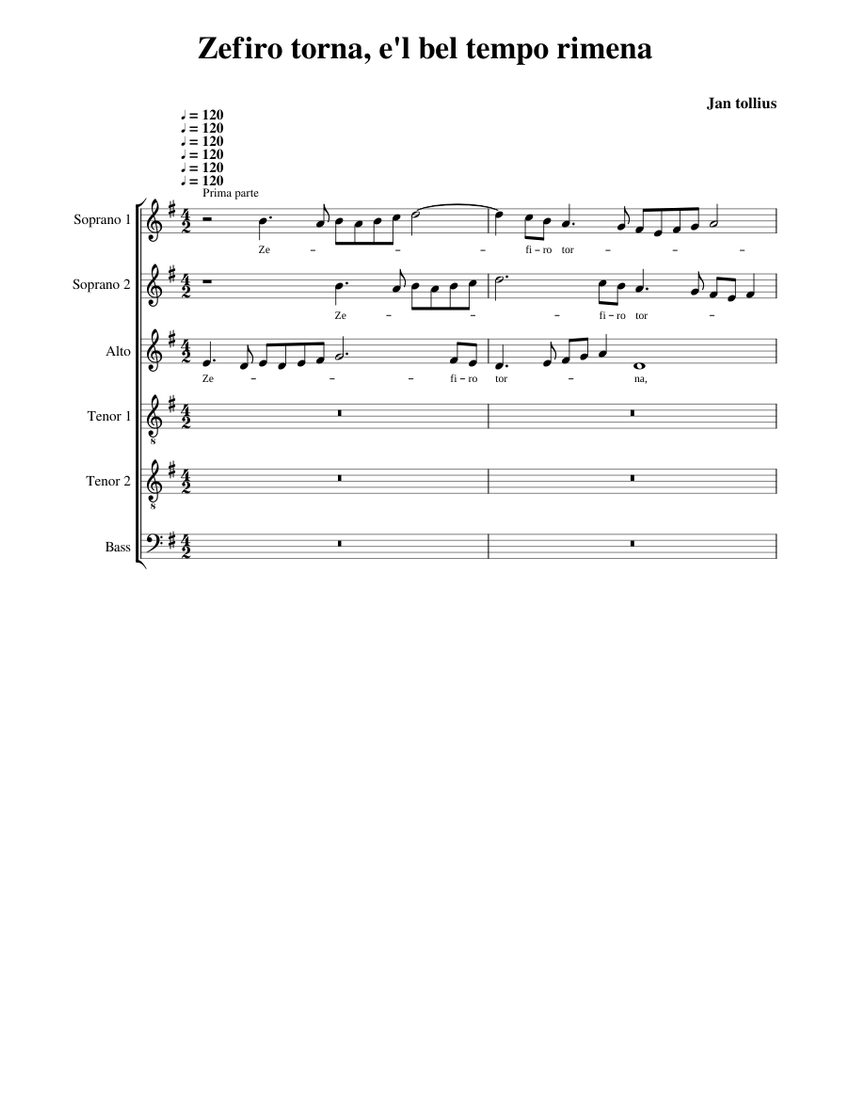 Zefiro torna (prima parte) - Jan Tollius Sheet music for Bass guitar ...