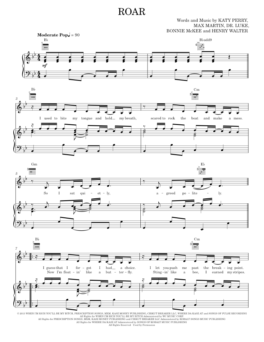 Play Official version of Roar Sheet Music by Katy Perry for Piano ...