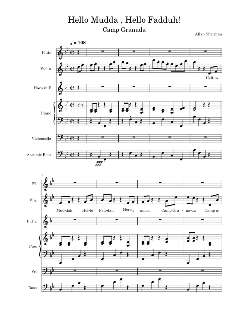 Hello Mudda , Hello Fadduh! Sheet music for Piano, Flute, French horn ...