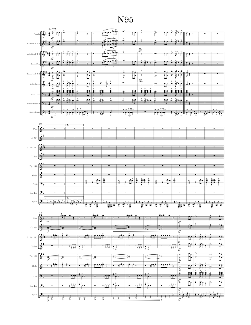 N95 Sheet music for Trombone, Mellophone, Flute piccolo, Clarinet in b ...