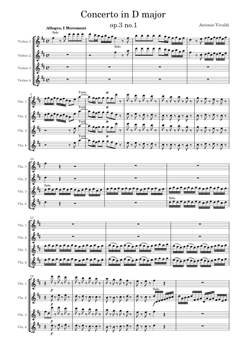 Concerto in D major op.3 no.1 - vivaldi - 1 movement Sheet music for Violin (String Quartet ...