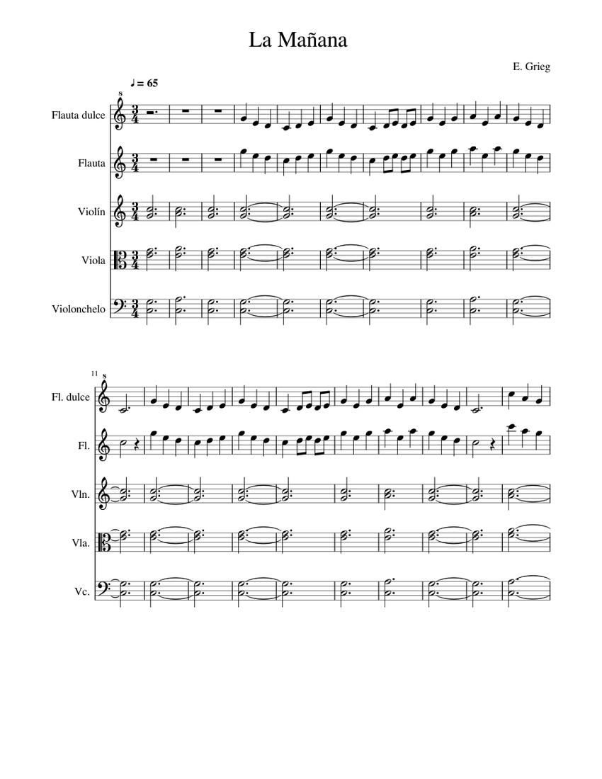 La Mañana de Grieg - Adaptación para flauta dulce Sheet music for Flute, Violin, Viola, Cello ...