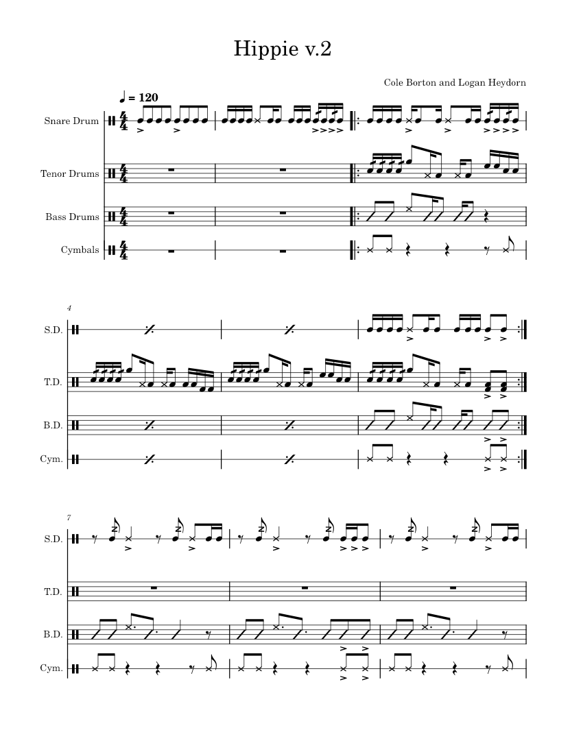 Hippie v.2 Sheet music for Snare drum, Crash, Tenor drum, Bass drum ...