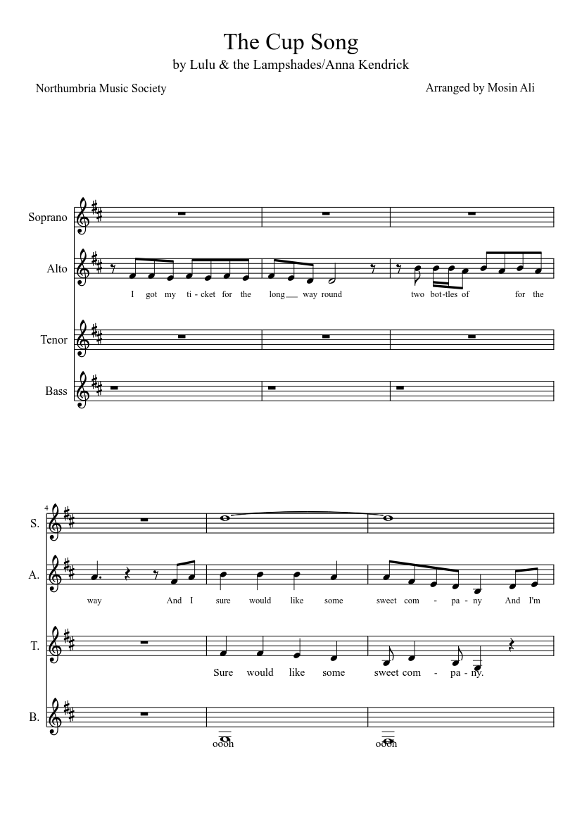 The Cup Song D major SSAa/b Sheet Music for Bass guitar (Solo ...