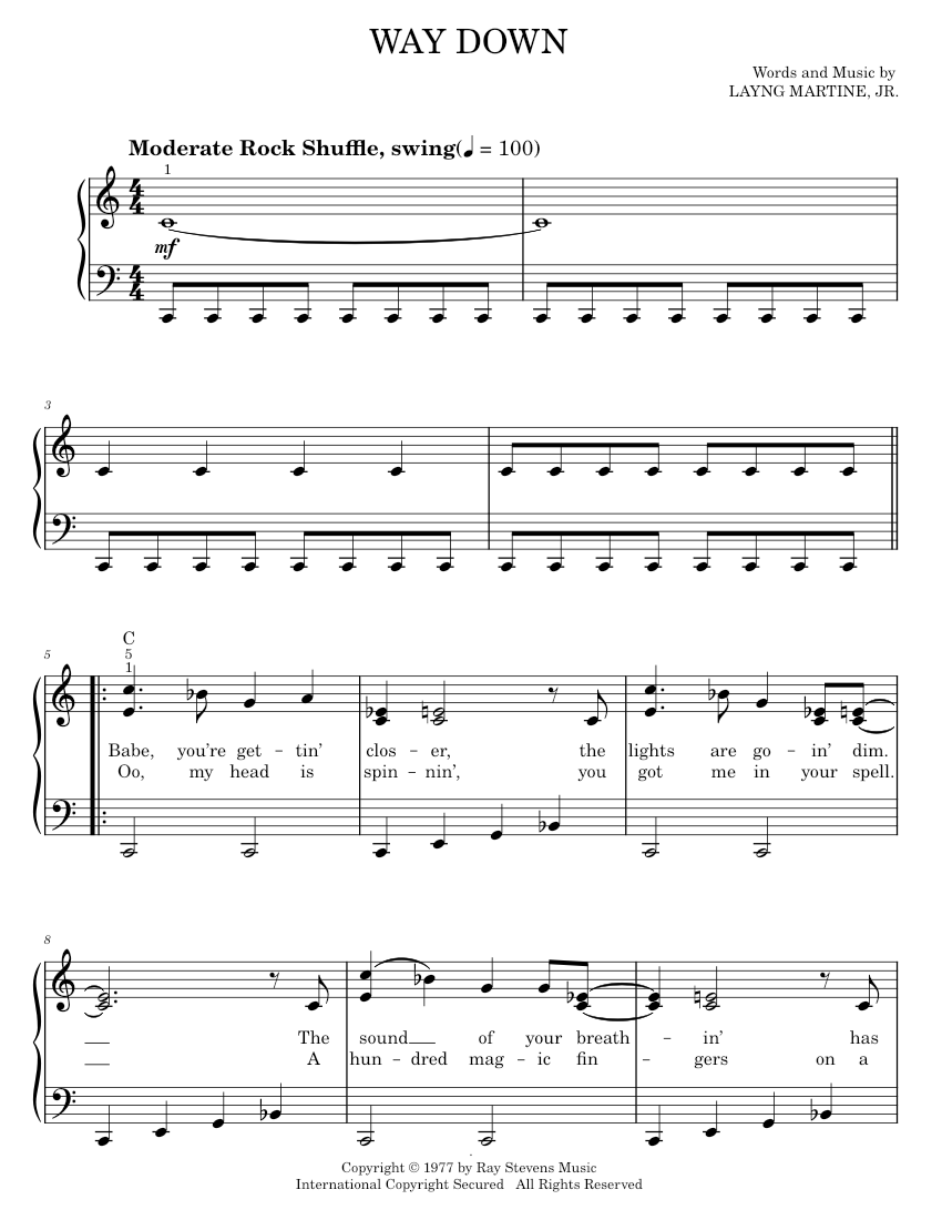 Play Official version of Way down sheet music by Elvis Presley for ...