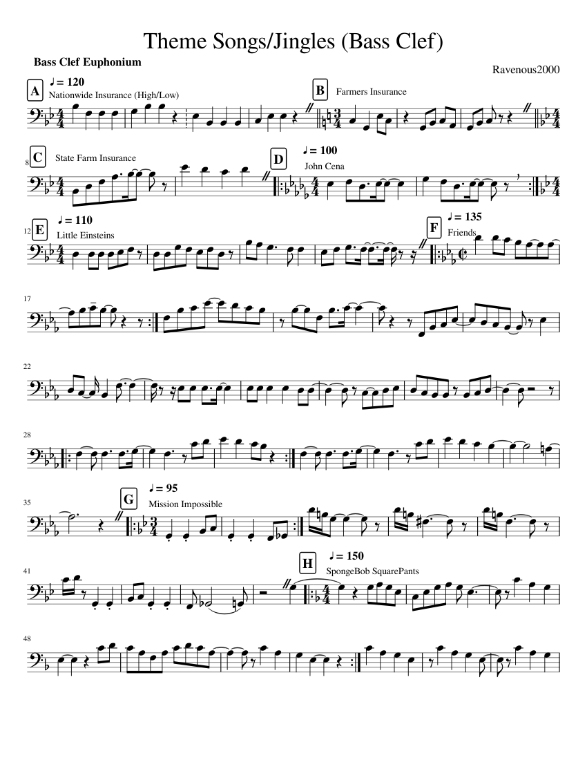 Theme Songs Jingles Bass Clef Sheet music for Euphonium (Solo ...