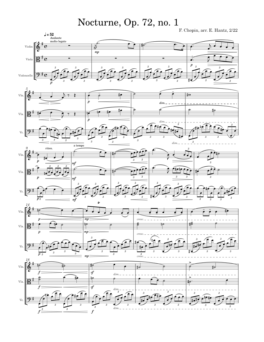 Nocturne in E minor, Op.72 No.1 – Frédéric Chopin Sheet music for Violin, Viola, Cello (String ...
