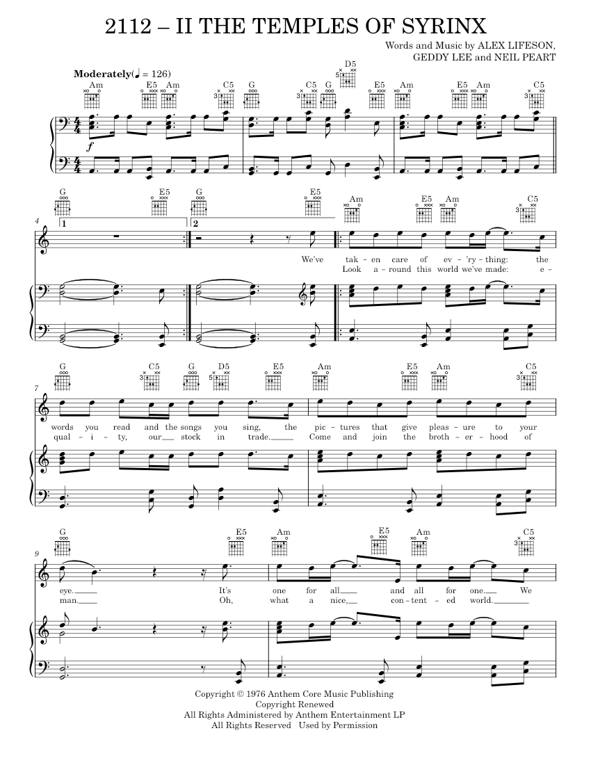 2112 ii the temples of syrinx Sheet music for Piano, Vocals by Rush ...