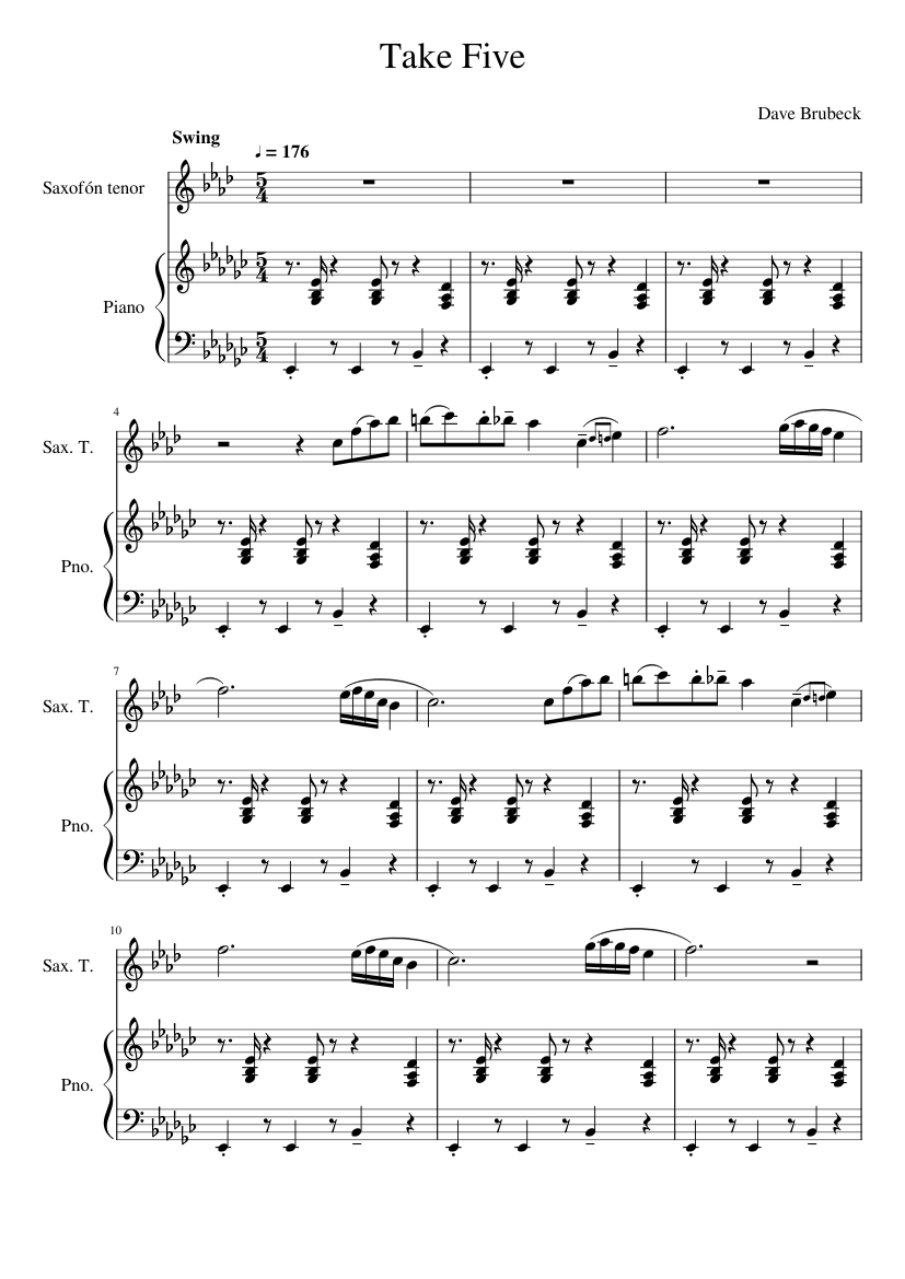 Take Five - Dave Brubeck Sheet music for Piano, Saxophone tenor (Tenor ...