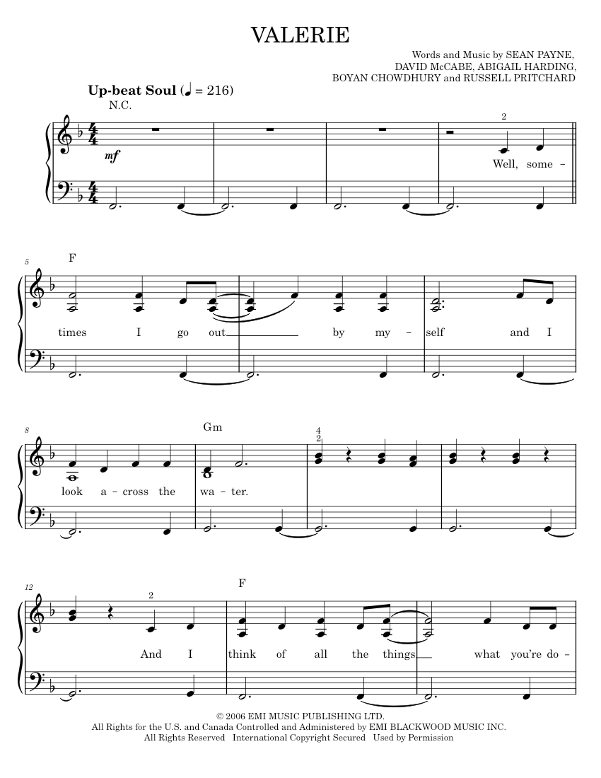 Play Official version of Valerie Sheet Music by Glee Cast for Piano ...