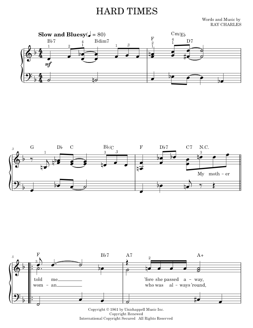 Hard Times Sheet music for Piano by Ray Charles Official | MuseScore.com