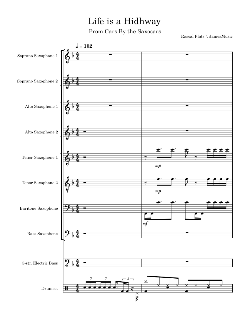 Life is a Highway for Saxophone Ensemble Sheet Music for Saxophone alto ...
