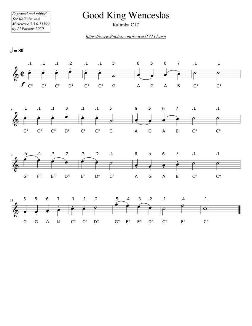 Good King Wenceslas - Key Cmaj - Kalimba C17 - piano tutorial