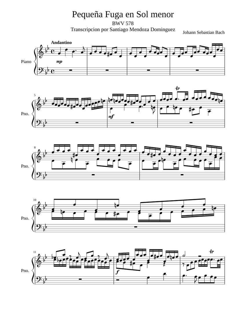 Johann Sebastian Bach' s Little Fugue in G minor BWV 578 Piano ...